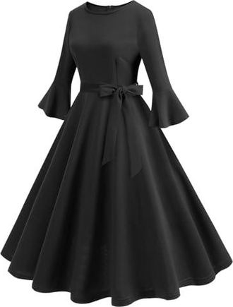 Generic Robe &agrave; manches cloches et col rond pour femme - Couleur unie - No&euml;l - Halloween - R&eacute;tro - &Eacute;l&eacute;gante - Robe en dentelle pour femme, Noir, XXL