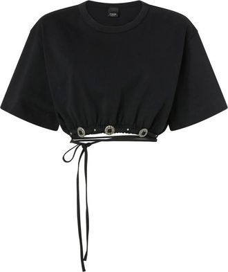 Pinko Pinko, Femme, Tops, Noir, Taille: 38 FR T-shirt court avec dentelle et d&eacute;tails texans