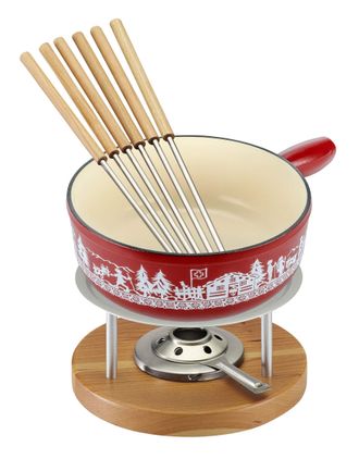 Kuhn Rikon 32276 K&auml;sefondue Set Induktion Gusseisen rot Alpweide 24 cm, 3.2 Liter Inhalt f&uuml;r 4-6 Personen, Set enth&auml;lt ein Rechaud, ein Pastenbrenner und 6 Gabel