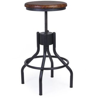 Les Tendances Tabouret rond industrielle hauteur r&eacute;glable fer noir et bois de manguier marron Kouba