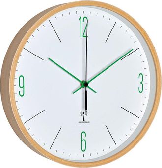 TFA Dostmann Analoge Design Funk-Wanduhr mit Ahorn-Rahmen, weiß/grün, 25.5 x 4.5 x 25.5 cm, (L) 255 x (B) 45 x (H) 255 mm, 60.3524.04