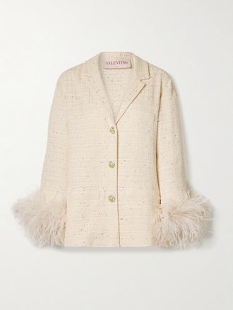 Valentino Garavani Blazer En Tweed Boucl&eacute; De Coton M&eacute;lang&eacute; &Agrave; Ornements Et &Agrave; Plumes - Cr&egrave;me