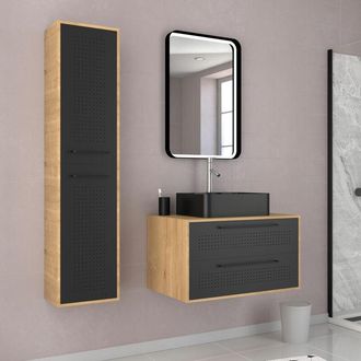 Aurlane Meuble salle de bains 80 cm, vasque rectangle, miroir led et colonne - ch&ecirc;ne naturel et noir - uby
