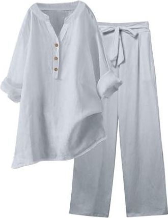 Generic Ensemble de 2 tenues en lin pour femme - Grande taille - T-shirt graphique &agrave; manches courtes et pantalon - Mocassins assortis - Taille 1, gris, XXL