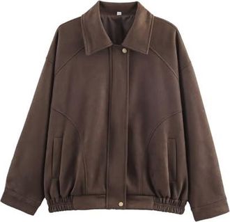 Generic Veste en daim synthétique pour femme avec fermeture éclair sur toute la longueur, manches chauve-souris, manteau décontracté classique avec poche, caf