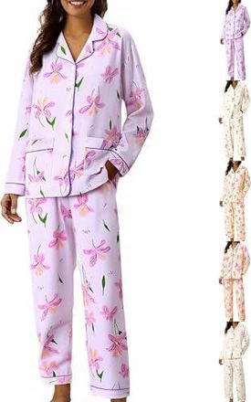 Generic Ensemble de v&ecirc;tements de nuit &agrave; motif floral pour femme, ensemble de v&ecirc;tements de nuit &agrave; manches longues, d&eacute;contract&eacute; et confortable, col &agrave; revers et 