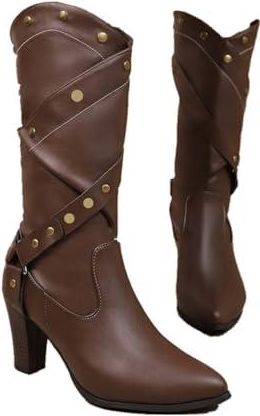 Generic Bottes Femmes Elegant en Cuir Bout Pointu Talon Haut Grande Taille Bottes Hautes De Cowboy Style Western Rétro Chaussures Femmes Automne Et Hiver 36