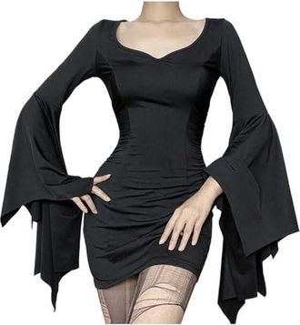 Generico Mini robe gothique pour femme avec manches chauve-souris vintage Robe de vampire avec encolure en V ajust&eacute;e Dark Grunge Manches longues Robes de sorci
