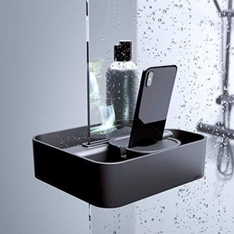 Tiger 2-Store Clip-on Duschkorb, Duschablage zum Klemmen auf die Duschwand, Montage ohne Bohren, Ablage für Duschgel mit integriertem Haken + Smartphone-Hal