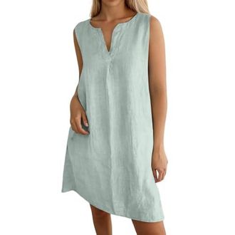 Generic Robe d&eacute;t&eacute; en lin pour femme - Col en V - Manches courtes - D&eacute;contract&eacute;e - T-shirt ample, Vert menthe., XXL