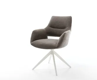 DELIFE Drehstuhl Yago-Flex mit Armlehnen Strukturstoff Soft Taupe Kreuzgestell breit Wei&szlig; 360&deg; drehbar Wippfunktion Taschenfederkern, Esszimmerst&uuml;hle