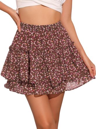 Allegra K Damen Blumenrock Sommer Hoher Taille A Linie Ruffle Layered Kurz Minirock Rock Weinrot M