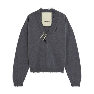 A Paper Kid Femme, Pulls, Gris, Taille: 40 FR Maglione Scollo A V Effetto Destroyed