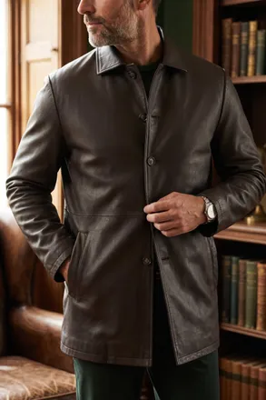 Infinity Leather Herren braune Lederjacke mit langem Kragen - Wappen