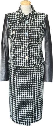 Chanel Checked Suit With Leather Sleeves Size M