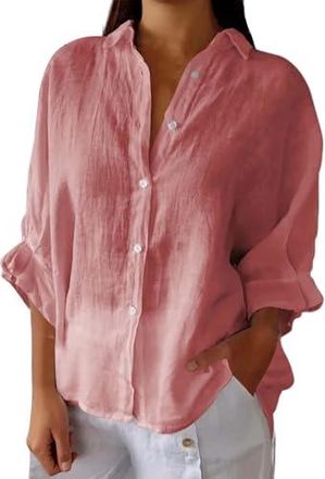 Generic HUIFUAO T-Shirt surdimensionné pour Femme en Coton et Lin avec Boutons et col en V, Manches Courtes, élégant et Ample, Basique pour Femme, Tendance po