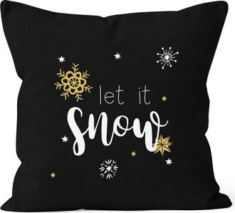 Autiga Kissenbezug Weihnachten Winter Let it Snow Spruch Schnee Eiskirstalle Schneeflocken Kissen-Hülle Baumwolle schwarz 40cm x 40cm