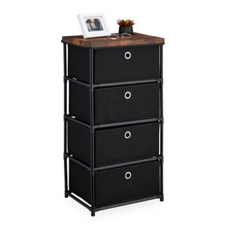 Relaxdays Kommode, 4 Stoffschubladen, Metall, Holzoptik, 85x43x33 cm, Wohnzimmer, Flur, Beistellkommode, schwarz/braun