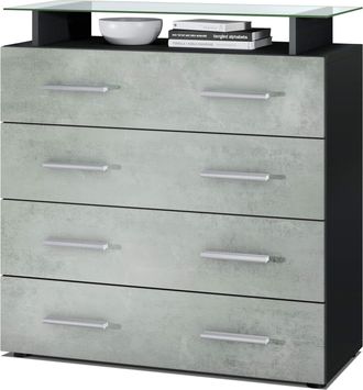 Vladon Sideboard Pavos V2, Kommode mit 4 Schubladen und Glasablage, Schwarz matt/Beton Oxid Optik (76 x 81 x 35 cm)