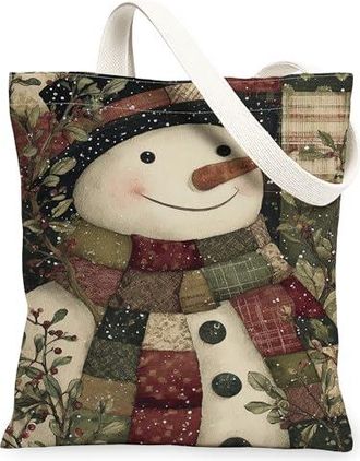 Generic Sacs fourre-tout en toile motif bonhomme de neige dhiver, sacs d&eacute;picerie r&eacute;utilisables, vintage l&eacute;gers et lavables avec bandouli&egrave;re pour Tr, multicolo