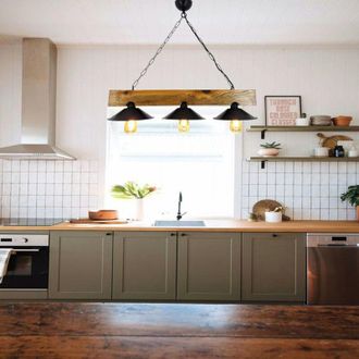 Pier Import Suspension industrielle bois métal, 3 abat-jour noirs CAMOGLI