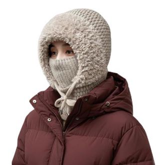 Generic Bonnet dhiver chaud tricot&eacute; pour femme, bonnet en tricot thermique doux avec &eacute;charpe et masque, cagoule coupe-vent confortable pour lext&eacute;rieur, pour l
