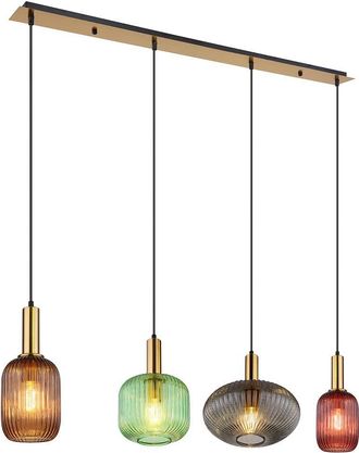 Globo Lighting Pendellampe H&auml;ngeleuchte Esszimmerlampe, 4-flammig, Retro Designlampe, Bunte Glasschirme, Metall, messing schwarz, 4x E27, LxBxH 115x30x120 cm