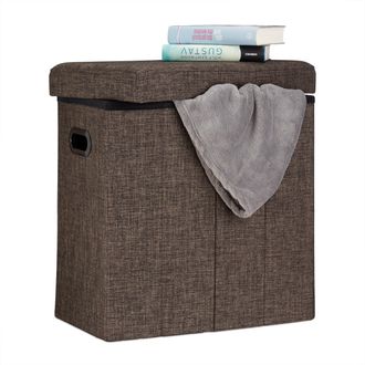 Relaxdays Faltbarer Sitzhocker, HxBxT: 49,5 x 46 x 25,5 cm, mit Stauraum, Griffe, Leinen, Polyester, MDF, braun