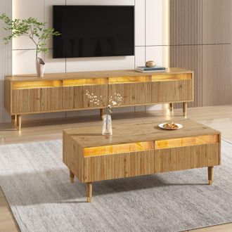 STILVORA Ensemble de Meubles de Salon avec 1 Meuble TV 4 Portes et 1 Table Basse 2 Tiroirs, &Eacute;clairage LED, MDF, Bois
