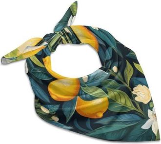 Generic Écharpe carrée en soie légère avec motif feuilles de citron aquarelle et fleurs tropicales pour cheveux, foulard respirant, cadeau pour homme et femme
