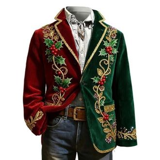 Generic Vestes de costume de Noël en velours côtelé pour homme - Blazer amusant à manches longues et revers cranté - Manteaux de Noël professionnels décontrac