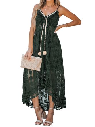 Cupshe Damen Sommerkleid V Ausschnitt Floral Spitze Quasten Spaghetti Trägerkleid Freizeitkleider High Low Party Boho Beach Maxi Dress Dunkelgrün XS