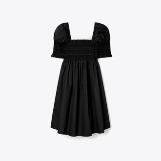 Tory Burch Damen Smocked Cotton Mini Dress in Schwarz