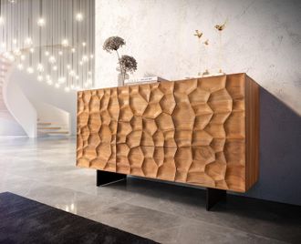 DELIFE Sideboard Solu 145 cm Akazie Natur 2 T&uuml;ren 3 Sch&uuml;be Fu&szlig; schwebend Metall Schwarz 3D-Front, Sideboards