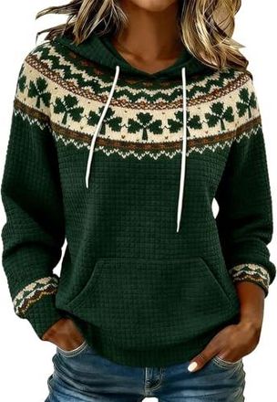 Generic Sweat &agrave; capuche oversiezd pour femme - Pour la Saint-Patrick - En tricot - Motif tr&egrave;fle irlandais - Manches longues - Pull ample - Tr&egrave;fle porte-bonheu