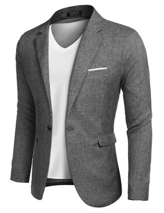 Coofandy Herren-Blazer, l&auml;ssige Sportm&auml;ntel, schmale Passform, EIN Knopf, Anzugjacke, leichtes Sportjacket, GRAU, L