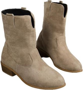 Generic Bottines &agrave; bout pointu en faux daim mat pour femme - Talon bloc bas - Large mollet - Chaussures de cowgirl occidentales &agrave; enfiler, abricot, 39.5 EU
