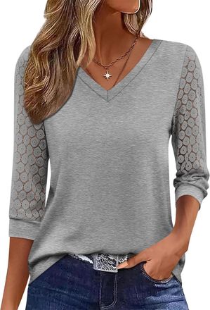Onsoyours Shirt Damen 3/4 Arm V-Ausschnitt Tshirt Herbst Oberteil Spitzen Tops Sommer Casual T-Shirt Basic Shirt A Grau XL