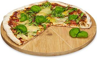 Relaxdays Pizzateller Bambus 33 cm Durchmesser, Schneidbrett aus Holz, schnittfestes Pizzabrett mit 6-facher Einteilung für gleichmäßig große Stücke, Holzteller