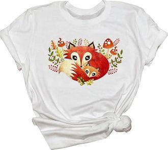 Keephen Kawaii Renard Animaux T-Shirt Femmes Animal Renard Amoureux Impression 3D Manches Courtes Tops Nature For&ecirc;t Vie Sauvage Col Rond Blouse Tees