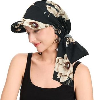 ZLYC Bonnet Chimio pour Femme avec visière, lié Beige à Fleurs Noires, Taille Unique