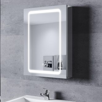 Sonni LED Spiegelschrank Bad und Steckdose 70 x 50 cm, Aluminum Spiegelschrank mit Touch-Schalter, 3 Lichtfarben + Defogging, Kabelloses Scharnier Design Ba