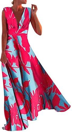 Generic Robes boh&egrave;me 2026 pour femmes, robe d&eacute;contract&eacute;e imprim&eacute;e, fermeture &eacute;clair, col en V, sans manches, longue, tendance, &eacute;l&eacute;gante, bleu ciel, XXL