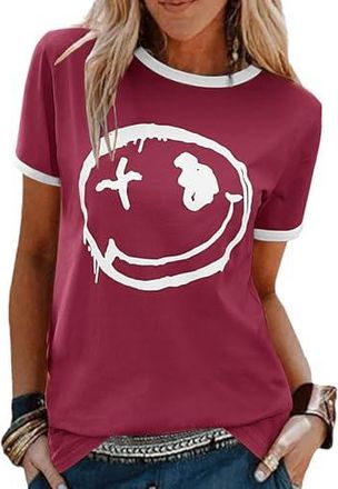 Heekpek T Shirt Femme Tee Shirt Haut Top Ete T-Shirts &agrave; Manches Courtes Chemises D&eacute;contract&eacute;es en Coton &agrave; Col Rond, Vin Rouge, L