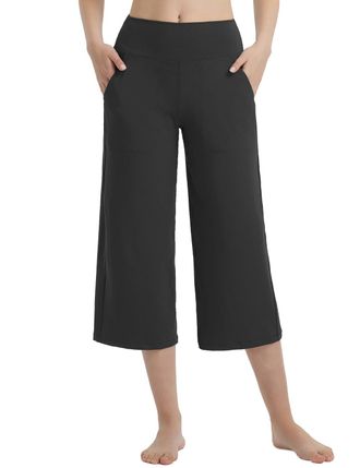 Baleaf Damen Yogahose Weites Bein Caprihose Damen Sommer mit Taschen High Waist 3/4 Straighthose Arbeiten Casual Lounge Sporthose Workout Jogginghose Schwarz