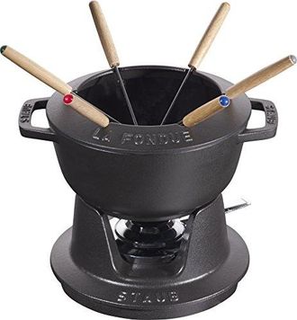 Staub Service à Fondue en Fonte, avec 6 Fourchettes à Fondue, pour Fondue Savoyarde, Bourguignonne et au Chocolat, Ø 18 cm, Noir Mat