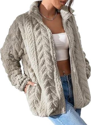 Onsoyours Manteaux Polaire Zippée pour Femme Mode en Peluche à Épaissir Blouson Chaud Hiver Décontractée Doux Ample Veste Coat Manche Longue Cardigan A Kaki XXL