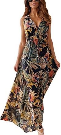 Minetom Femme Robe Longue Été Chic Col V sans Manche Imprime Robe de Plage Vacances C Noir 3XL