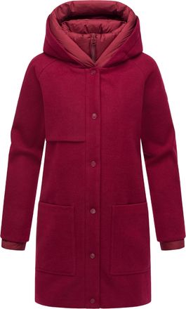 Navahoo Damen Mantel lange Übergangsjacke Kurzmantel in Wolloptik mit Kapuze und (abnehmbarem) Stepp-Einsatz Flauschwunder 14 Bordeaux Gr. XXL