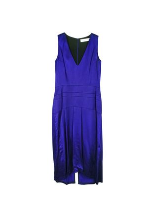 Victoria Beckham Blue V-Neck Satin Sleeveless Midi Dress Size S